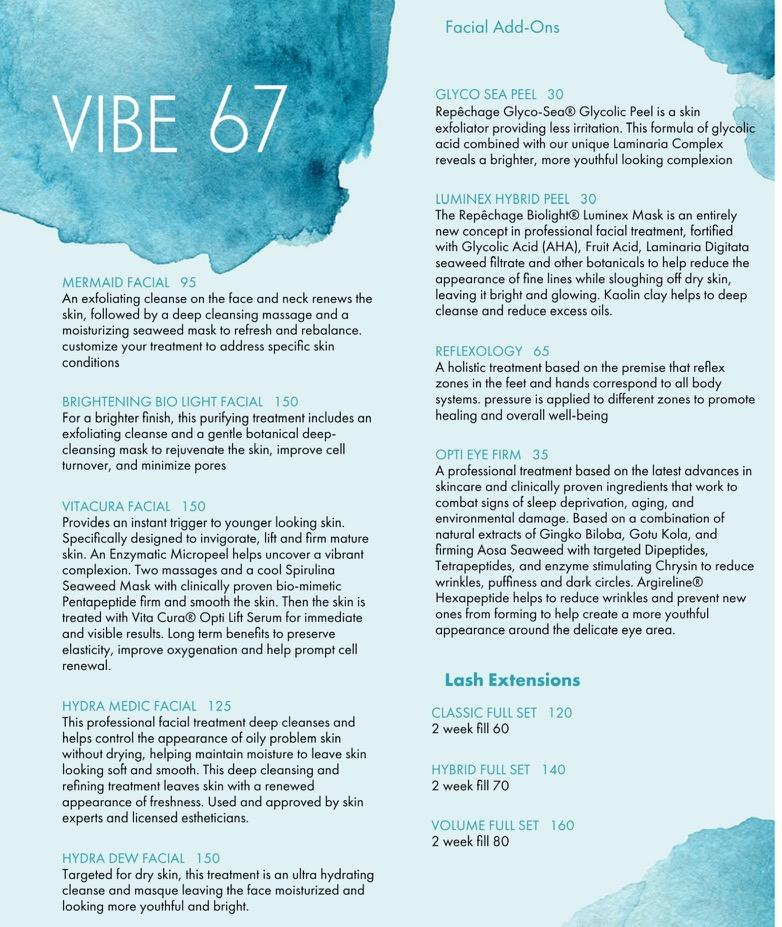 Facial Menu | Vibe 67 Salon